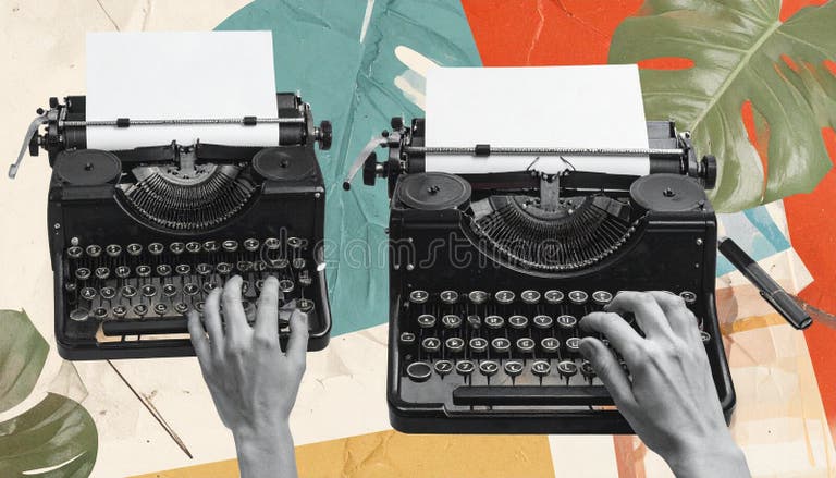 Featuring Old Typewriter Hands Pen, Art Collage Stock Image - Image of ...