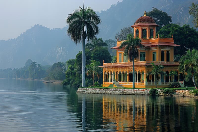 Featuring a Palm Tree and a House on the Edge of a Lake, High Quality ...
