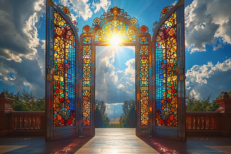 Featuring a the Pearly Gates of Heaven, Silver Gate Open with Blue Sky ...