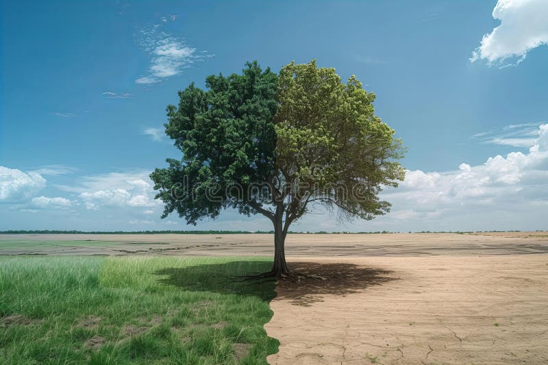 Featuring a Photo of a Tree Standing in the Middle, Half Green Grass ...