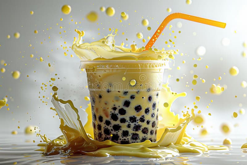 Featuring a Plastic Cup of Boba Tea, Yellow Liquid with Black Pearls ...