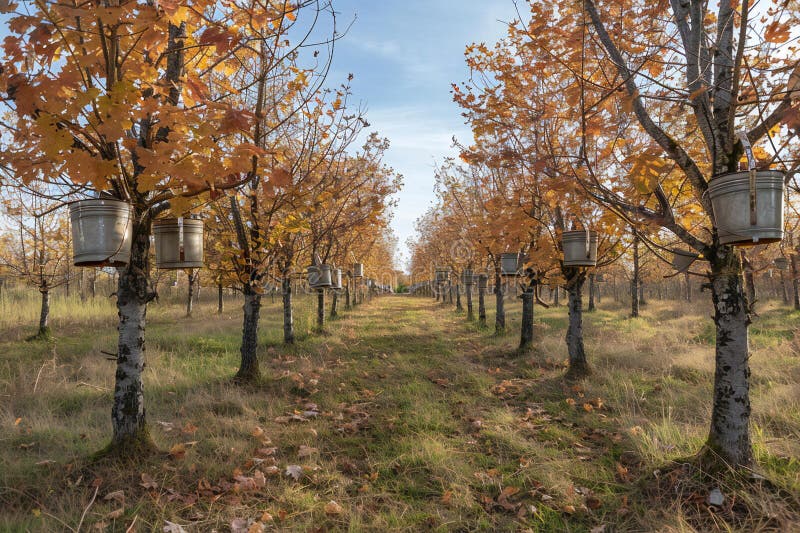 Featuring a Sap Trees in a Maple Syrup Forest with Metal Buckets ...