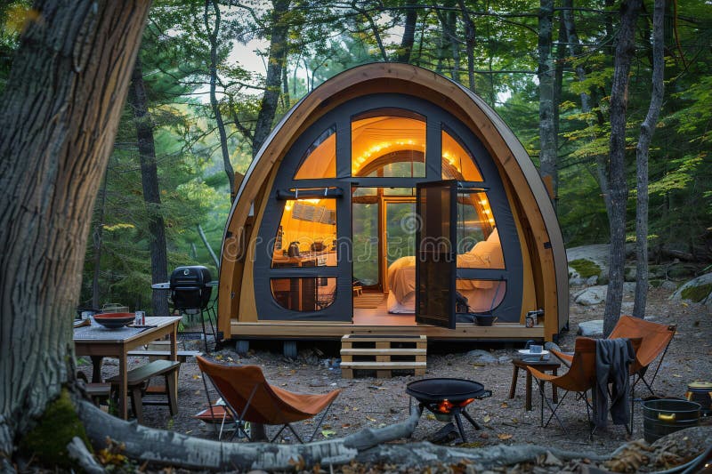 Featuring a Small Dome-shaped Tent with Wood Walls and Large Windows in ...