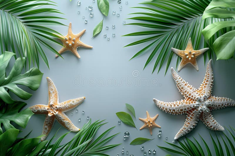 Featuring a Starfish Background with Palm Leaves and Leaves, High ...