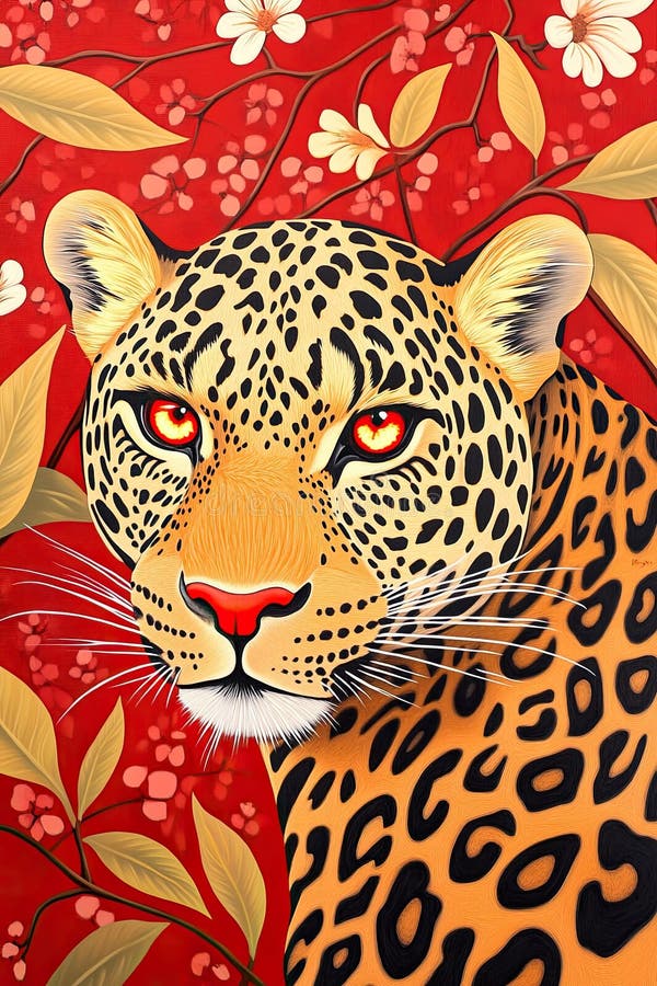 Red Leopard Illustration with Glowing Eyes Surrounded by Floral ...