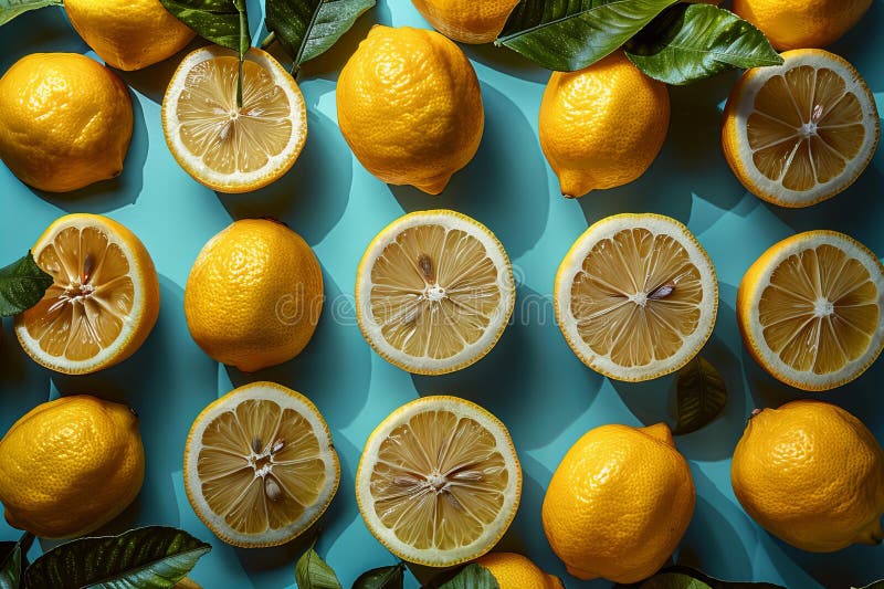 Featuring a Sun Made from Lemons and Leaves on Turquoise Background ...