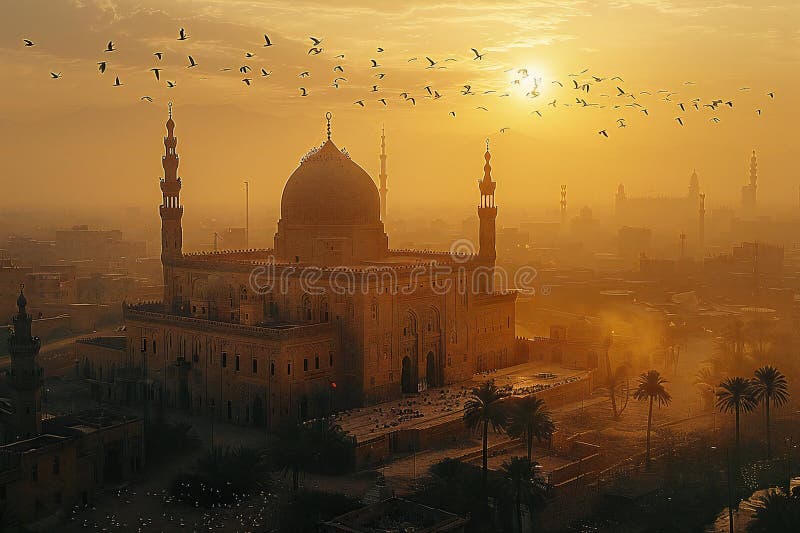 Featuring a Sun Setting Over a Mosque Showing Birds Flying Near it ...