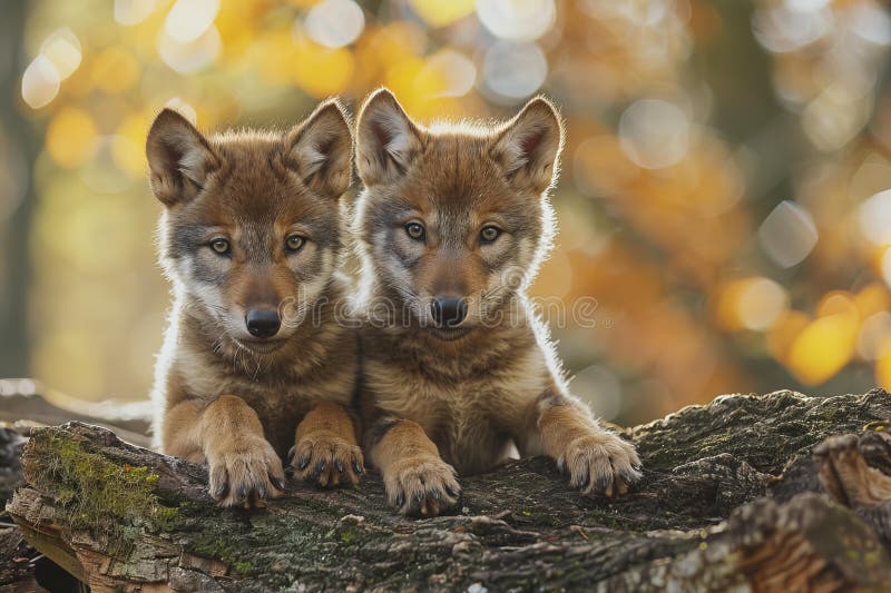 Featuring a Two Grey Wolf Cubs on Top of Tree Trunks, High Quality ...