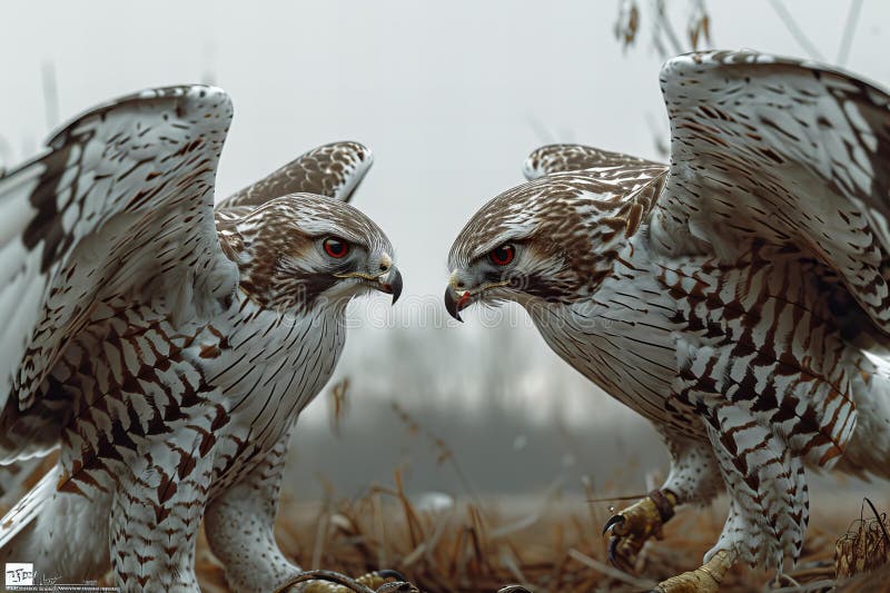 Featuring a Two Hawks Fight in a Field with Their Wings Spread Stock ...