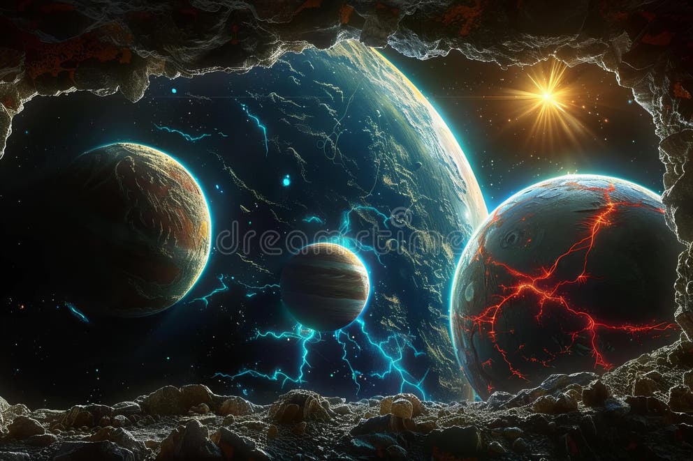 Featuring a View of Three Planets from Earth, with the Sun Visible in Space. the Planets are in ...