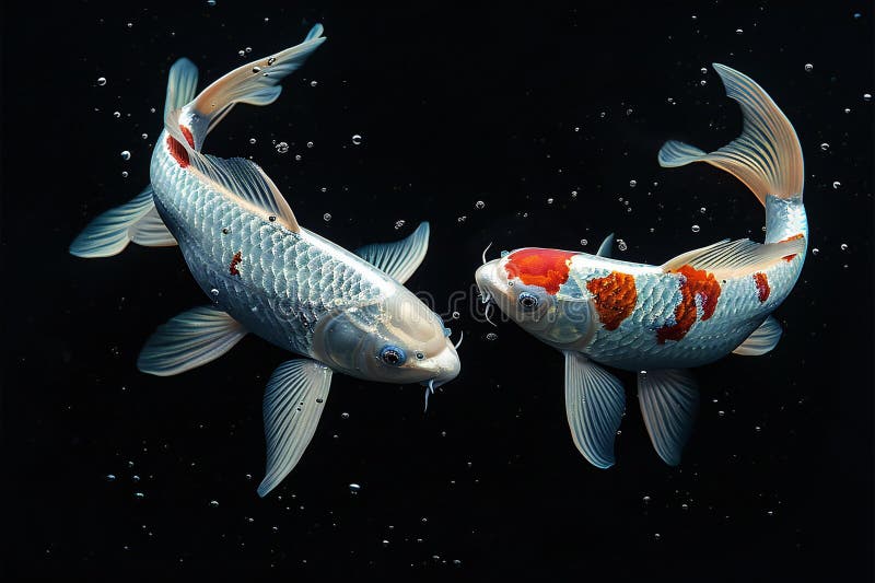 Featuring a White Koi Fish with Red Color Details, Black Background ...
