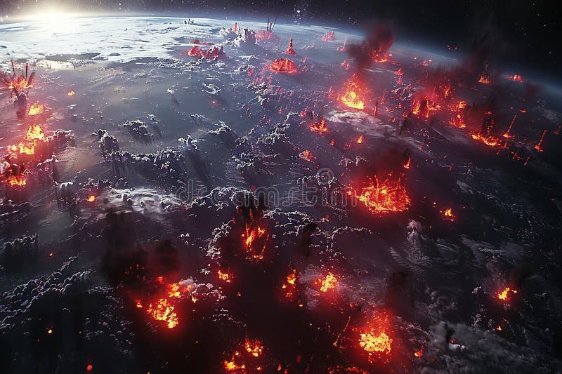 Featuring a Wide Shot of the Earth from Space, with Red Burning Spots ...