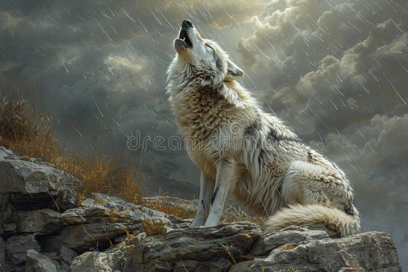 Featuring a Wolf Howling on Top of Rocks in Dramatic Weather during a ...