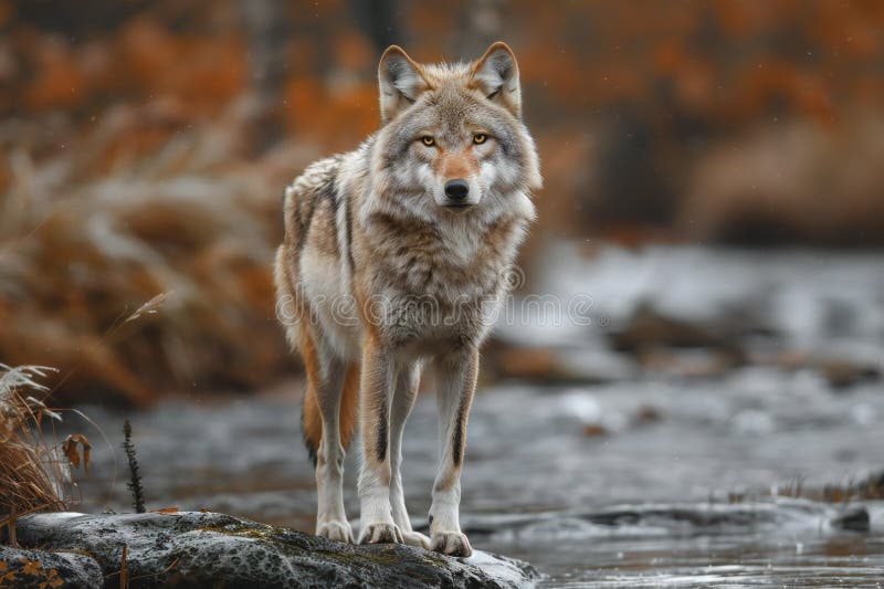 Featuring a Wolf is Standing on a Rock Next To Water, High Quality ...