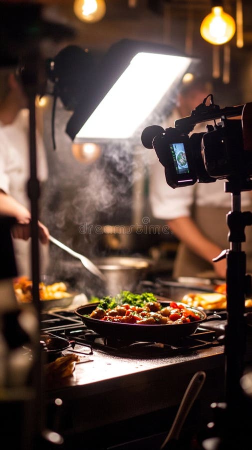 Culinary Photo Shoot: Close-Up of Food on Stove with Camera and ...