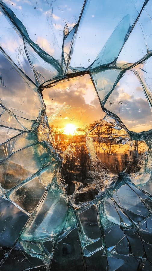 Shattered Glass with Vibrant Sunset View, Emphasizing Fragility and ...
