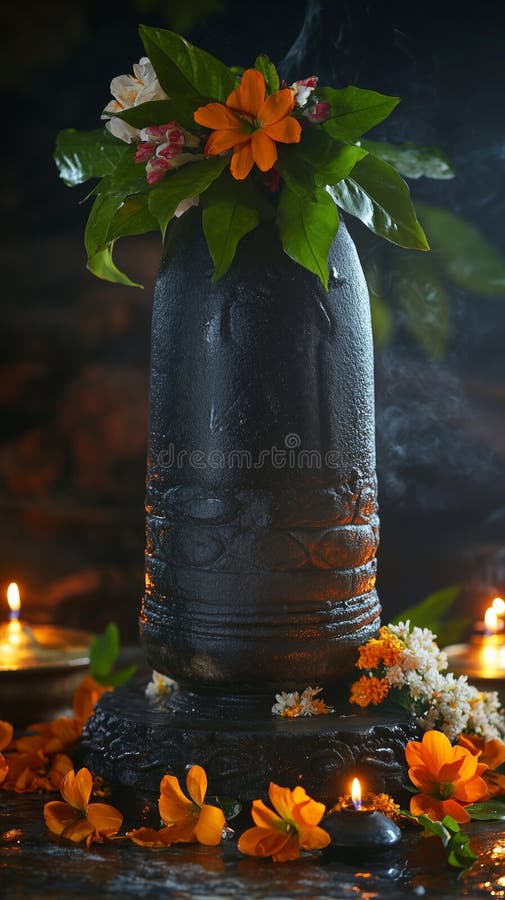 Reverent Still Life: Shivling with Floral Offering and Diyas ...