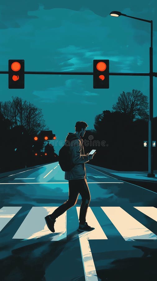 The Dangers of Distracted Walking at Night Stock Illustration ...