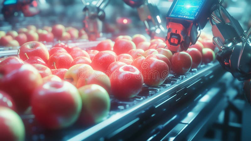 Automated Apple Processing: Close-up of Robotic Arms and Conveyor Belt ...