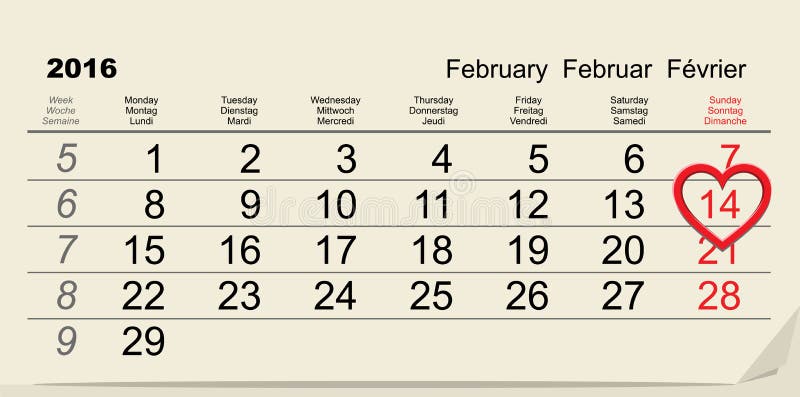 14 Februari 2016 Valentijnsdag Kalender Vector Illustratie ...