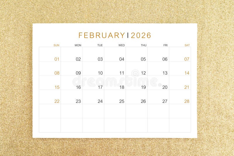February 2026 Calendar Page on Gold Glitter Background Stock Photo ...
