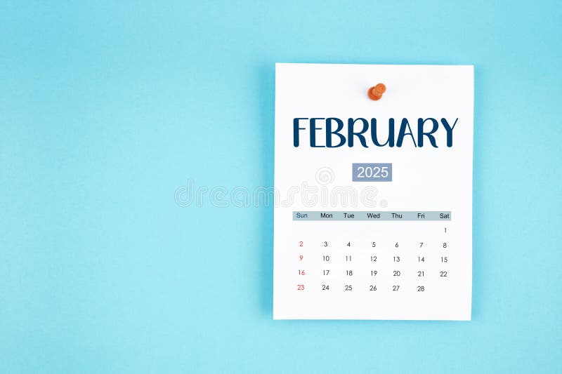 February 2025 Calendar Page with Push Pin on Blue Background Stock ...