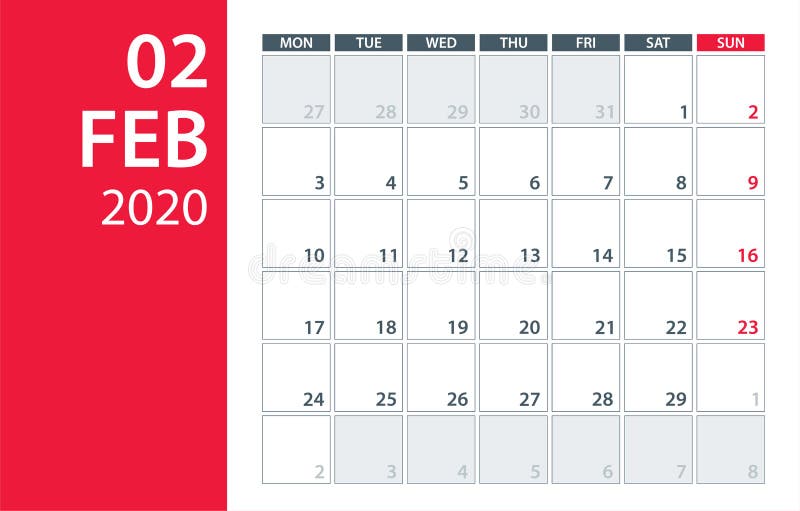 February 2020 Calendar Planner - Vector Illustration. Template. Mock Up ...