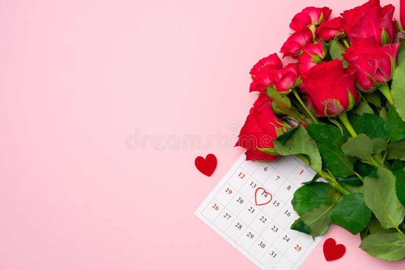February Calendar and Red Roses Top View Stock Image - Image of rose ...