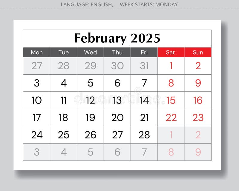 2025 February Calendar. Vector English Monthly Page. Design Monday ...