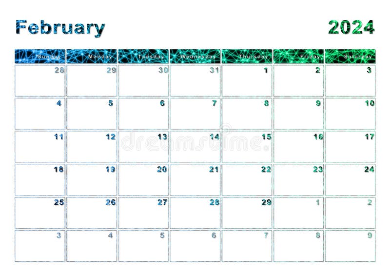 February 2024 Calendar, Week Start Sunday Stock Illustration ...