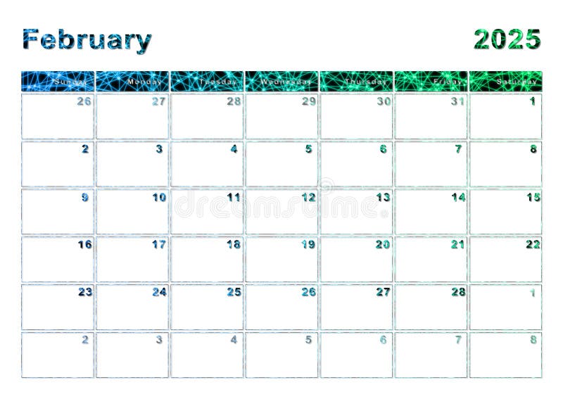 February 2025 Calendar, Week Start Sunday Stock Illustration ...