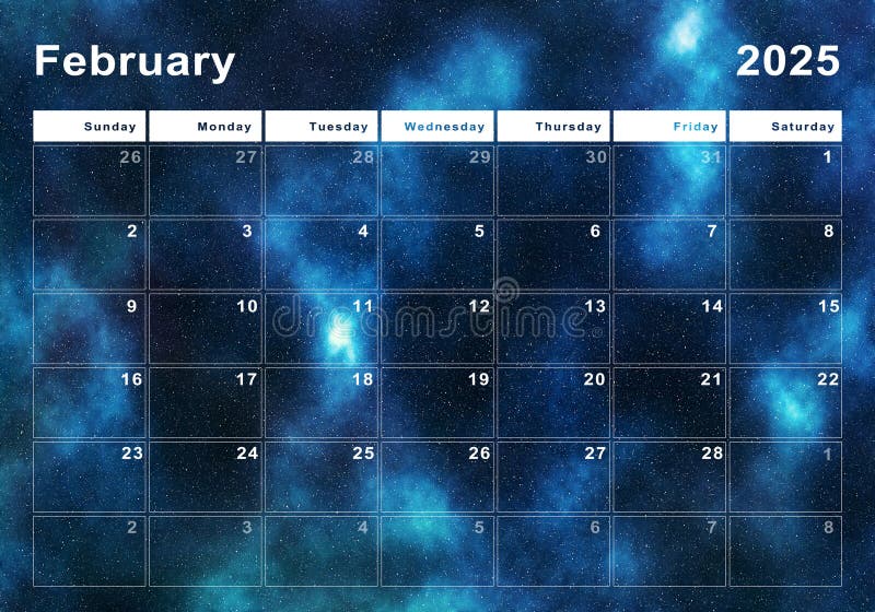 February 2025 Calendar, Week Start Sunday Stock Illustration ...