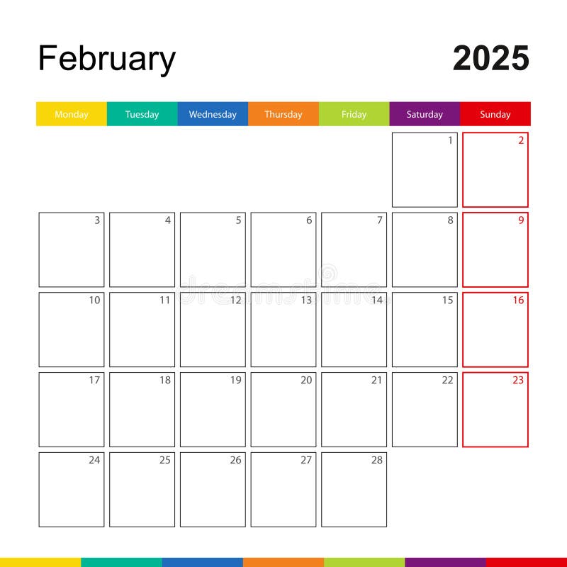 February 2025 Colorful Wall Calendar, Week Starts on Monday Stock ...