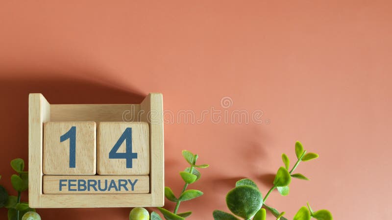 February 14, Date Design with Calendar Cube and Leaf on Orange ...