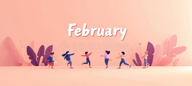 February Delight Whimsical Minimalism with Joyful Dancing Figures ...