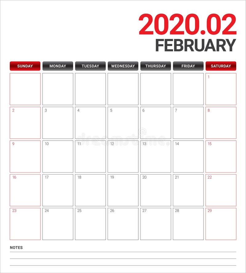 February 2020 Monthly Calendar Vector Illustration Stock Vector ...