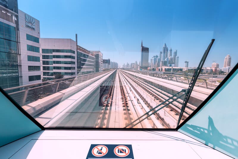 View from the Front Car of the Dubai Metro with a Panorama of the Rails ...