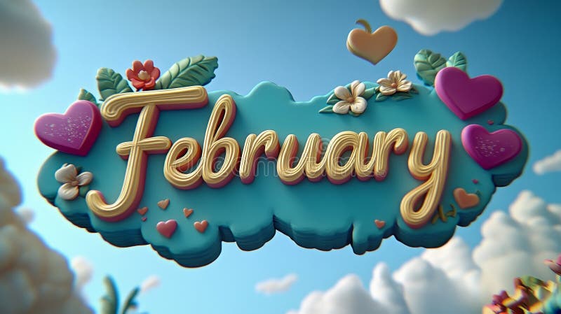 February in Elegant Script with Valentine Hearts, Flowers and Romantic ...