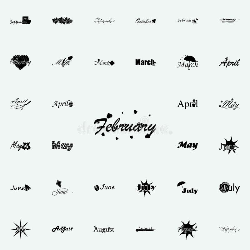 February Icon. Written Name of the Month with Different Elements ...