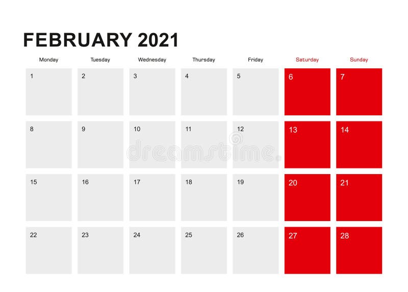 2021 February Planner Calendar Design. Week Starts from Monday Stock ...