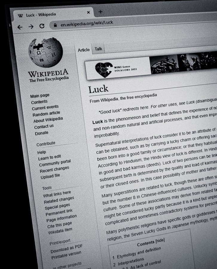 The Screen with a Wikipedia Website with a Page about the Term Luck ...