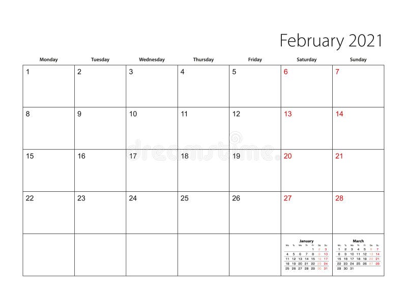February 2021 Simple Calendar Planner, Week Starts from Monday Stock ...