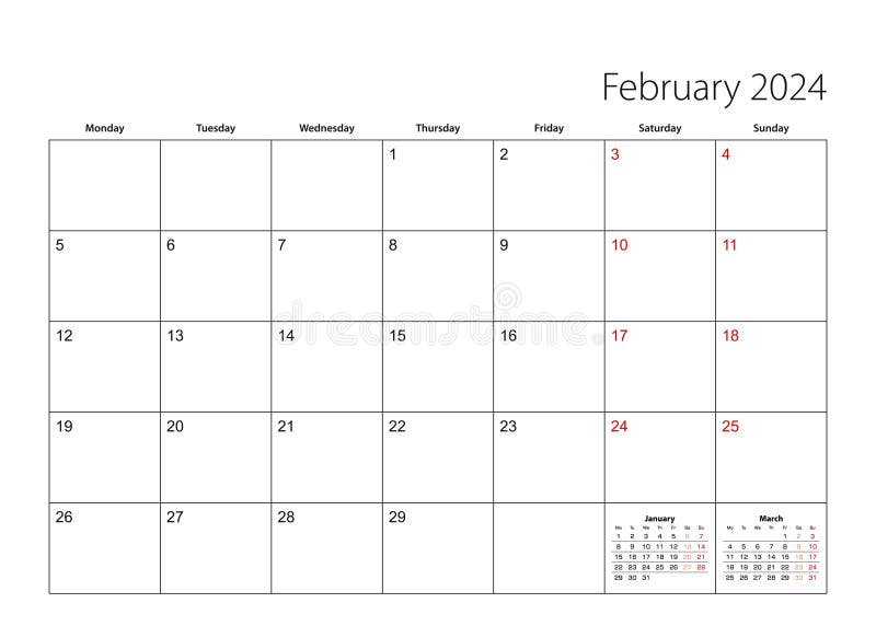 February 2024 Simple Calendar Planner, Week Starts from Monday Stock ...