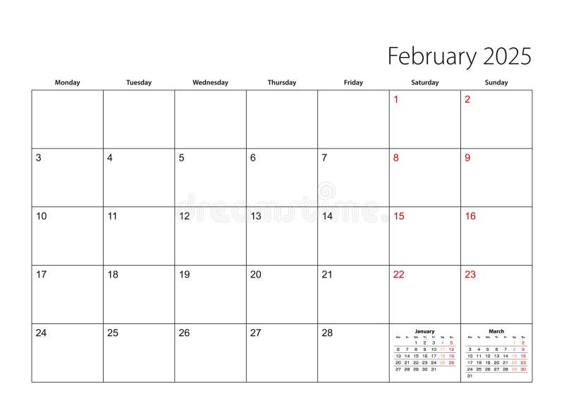 February 2025 Simple Calendar Planner, Week Starts from Monday Stock ...