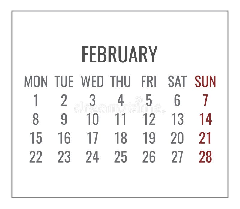 February Year 2021 Monthly Minimalist White Calendar Stock Vector ...