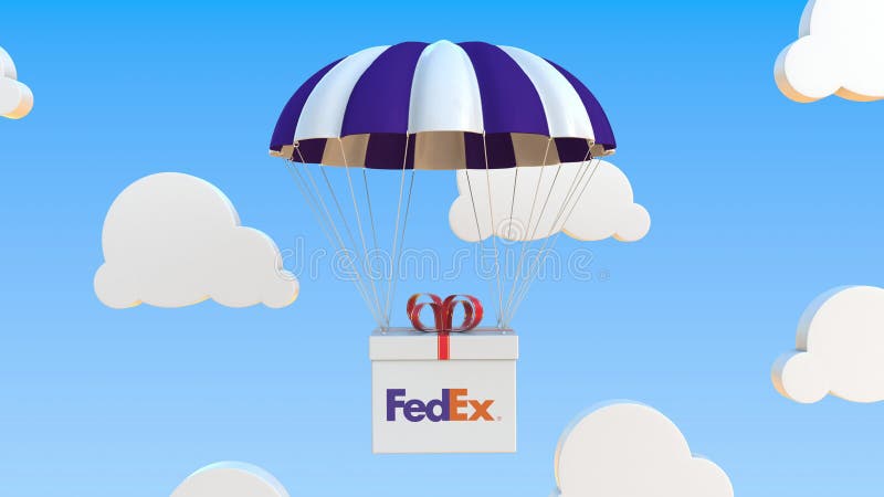 FEDEX Logo on Moving Box Moves Under Parachute. Editorial Loopable 3D ...