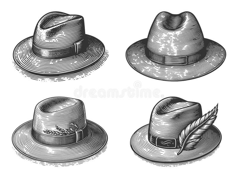 Fedora Hat Engraving Set Vector Collection Stock Vector - Illustration ...