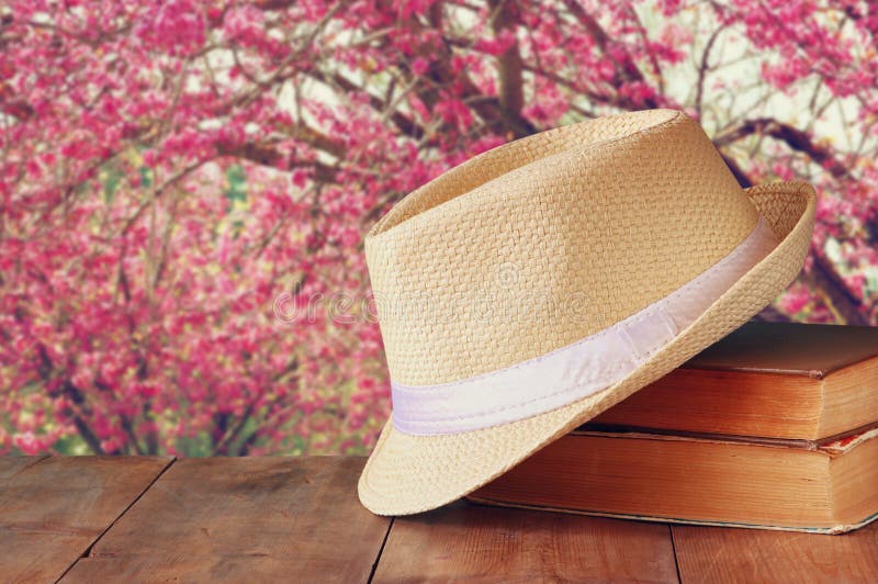 Fedora Hat and Stack of Books Over Wooden Table and Cherry Blossom Tree ...