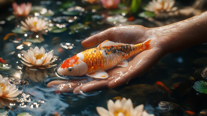 Japanese Koi Fish with Bare Hands in a Beautiful Ornamental Koi Pond ...