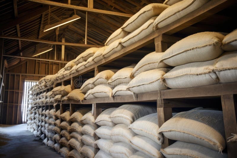 Feed Sacks Stacked High Inside a Barn Warehouse Stock Photo - Image of ...